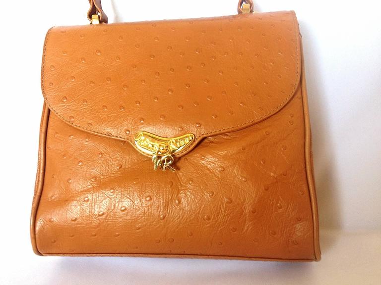 MINT. Vintage Nina Ricci tan brown ostrich-embossed leather handbag ...