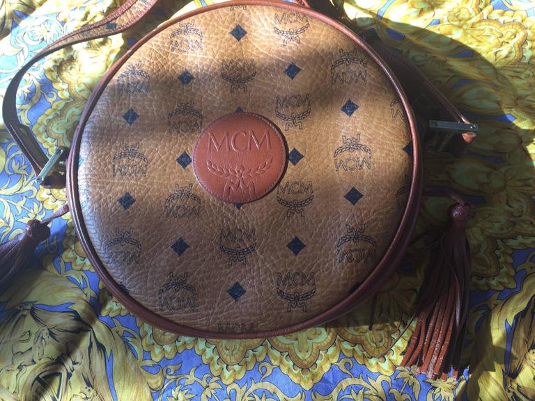Vintage MCM rare brown monogram round shoulder bag with brown leather ...