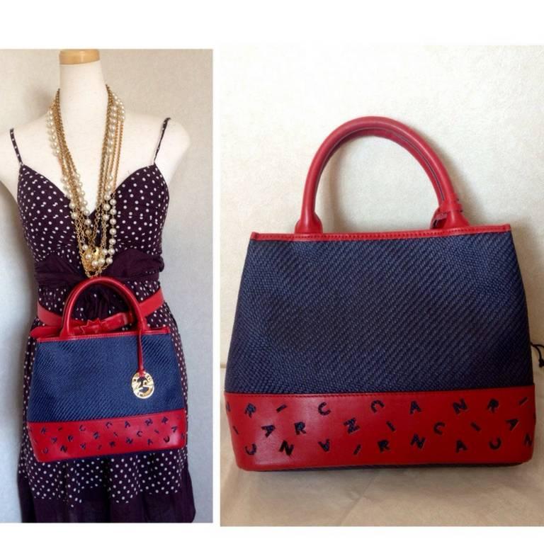 Vintage Nina Ricci navy woven straw and red leather handbag, tote bag ...