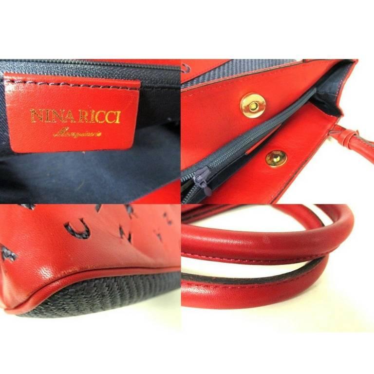 Vintage Nina Ricci navy woven straw and red leather handbag, tote bag ...