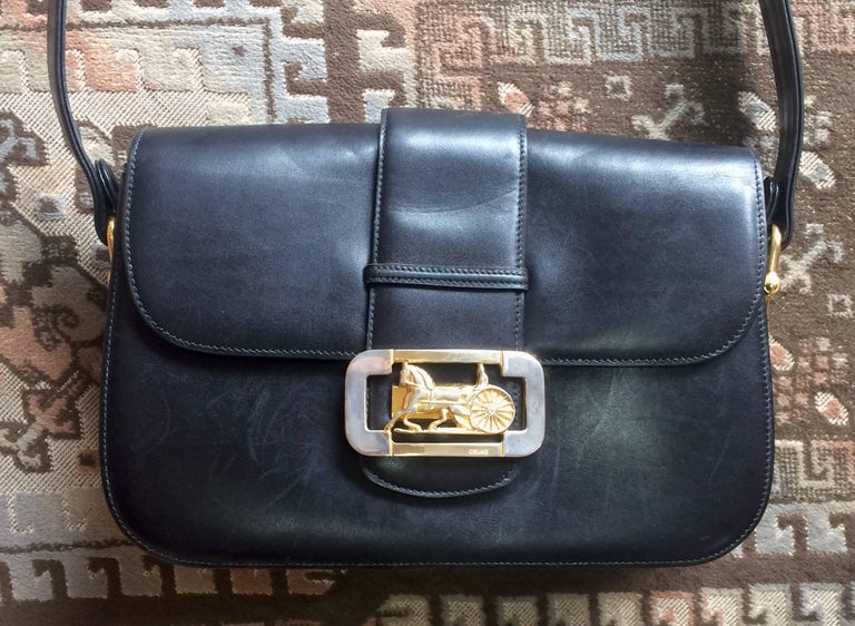 Vintage Celine black leather classic shoulder bag with golden logo ...