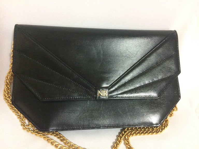 Vintage Nina Ricci black leather chain clutch shoulder bag with a bow ...