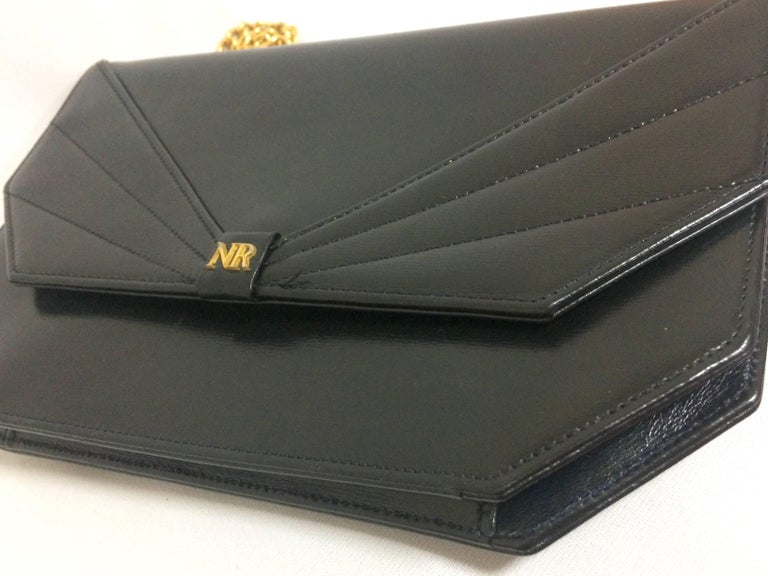 Vintage Nina Ricci black leather chain clutch shoulder bag with a bow ...