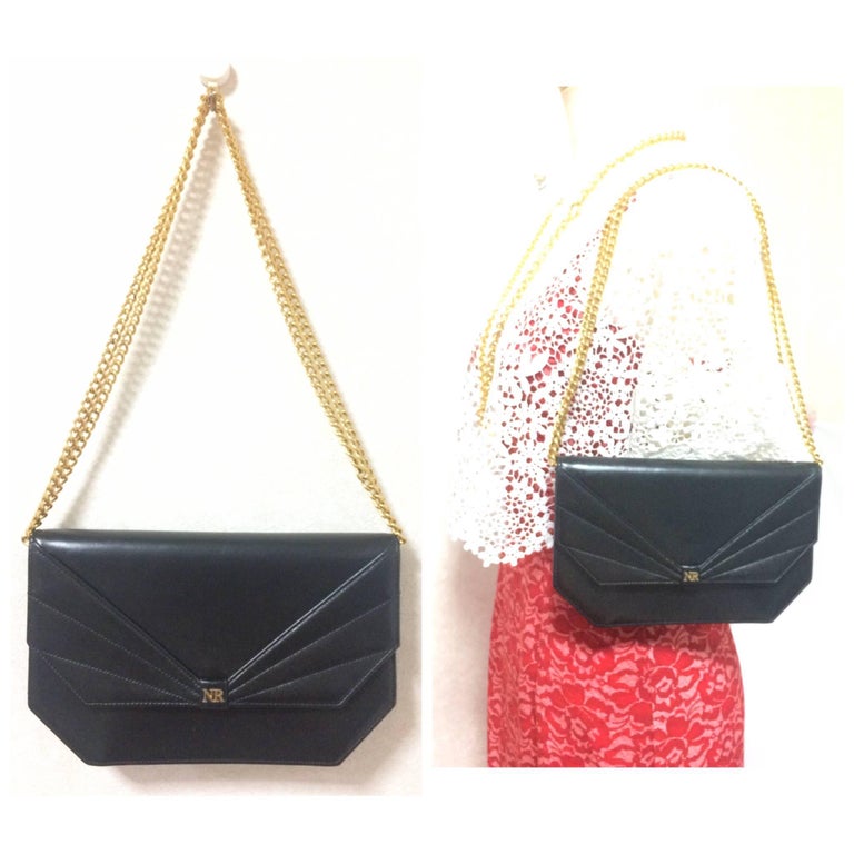Vintage Nina Ricci black leather chain clutch shoulder bag with a bow ...