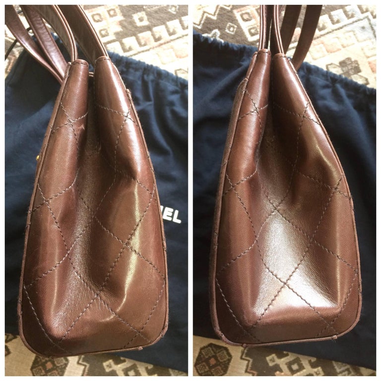 Vintage CHANEL chocolate brown leather trapezoid shape handbag with ...