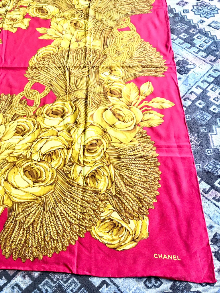 Vintage CHANEL red and gold color CC marks, rose, wheat, and chain ...