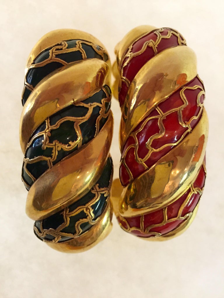 Pair of Gilt Clad Red and Green Bakelite Cuff Bracelets For Sale at 1stDibs