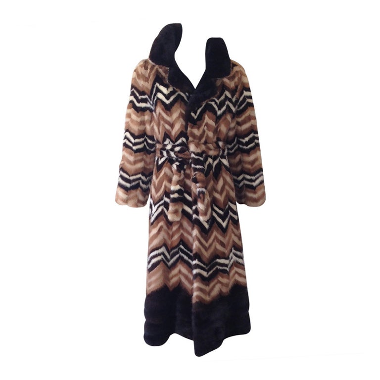 Vintage Brown and creme chevron Mink coat, 1970s at 1stDibs