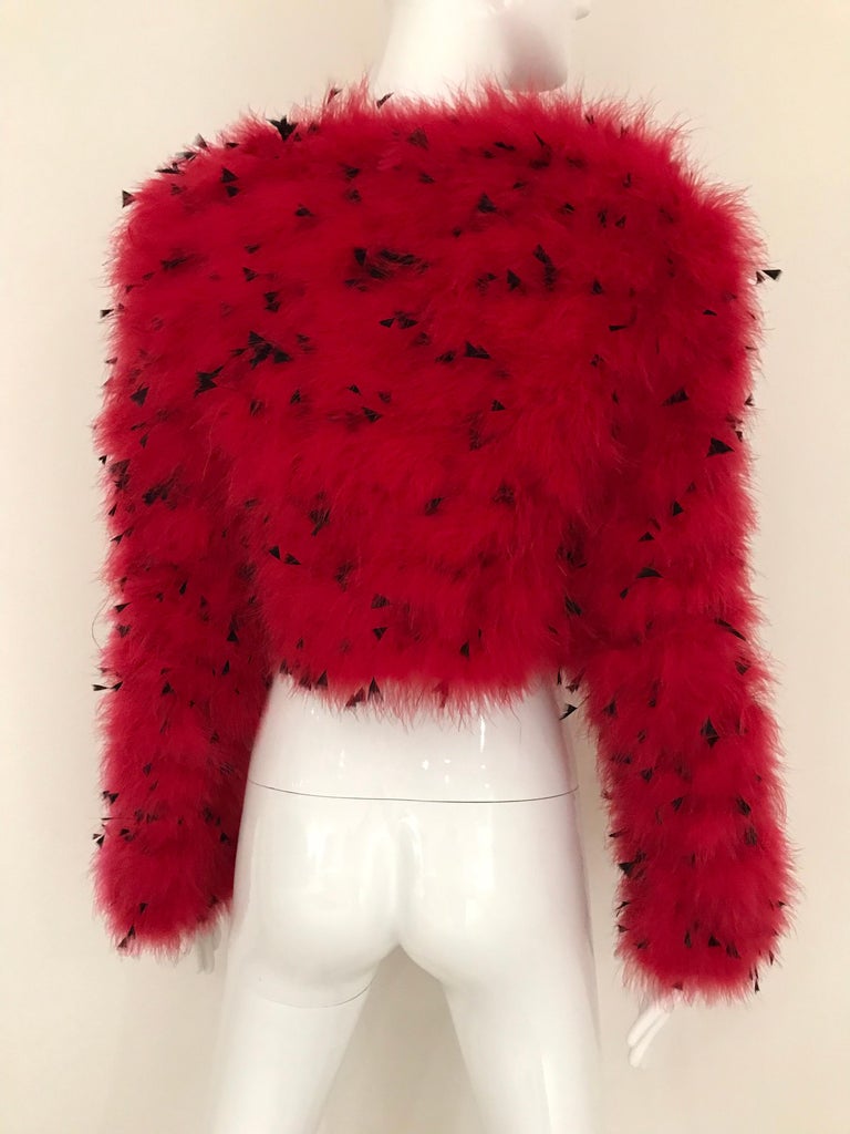 80s Red Ostrich Feather Crop Jacket at 1stDibs | red feather jacket