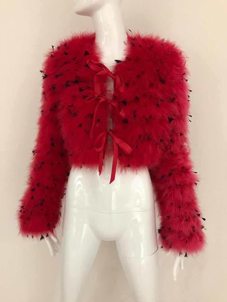 80s Red Ostrich Feather Crop Jacket at 1stDibs | red feather jacket