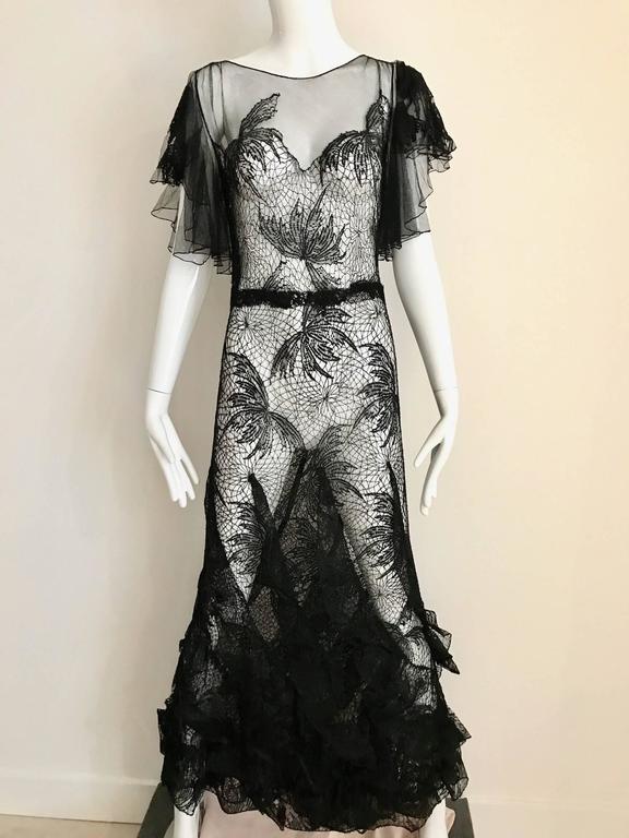 Black Lace Cobweb Gown with flutter sleeves, 1930s at 1stDibs | cobweb ...
