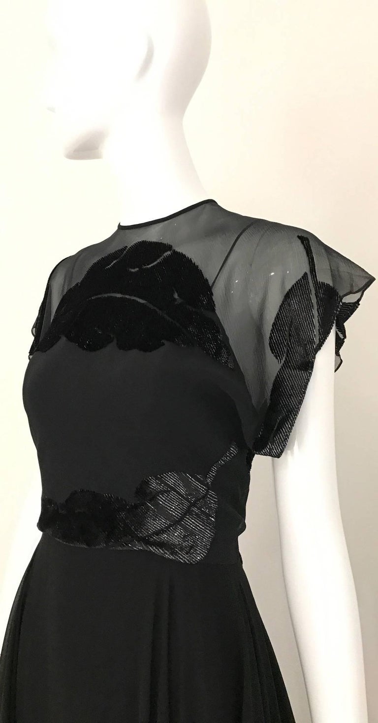1970s Black Silk Chiffon Velvet Devore Overlay 70s Vintage Dress at 1stDibs