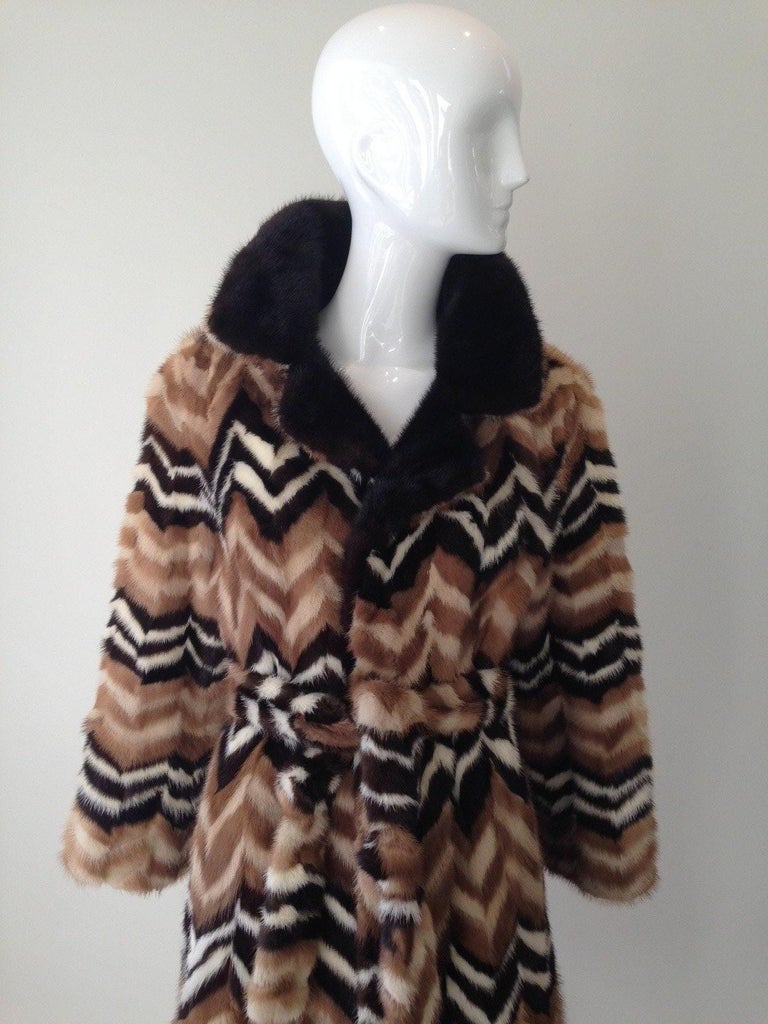 Vintage Brown and creme chevron Mink coat, 1970s at 1stDibs