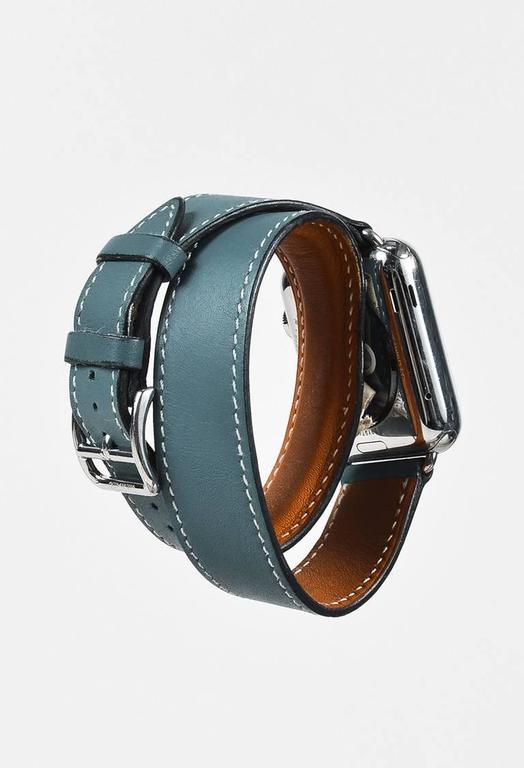 Hermes Blue Stainless Steel Leather Double Tour Apple Watch For Sale at ...