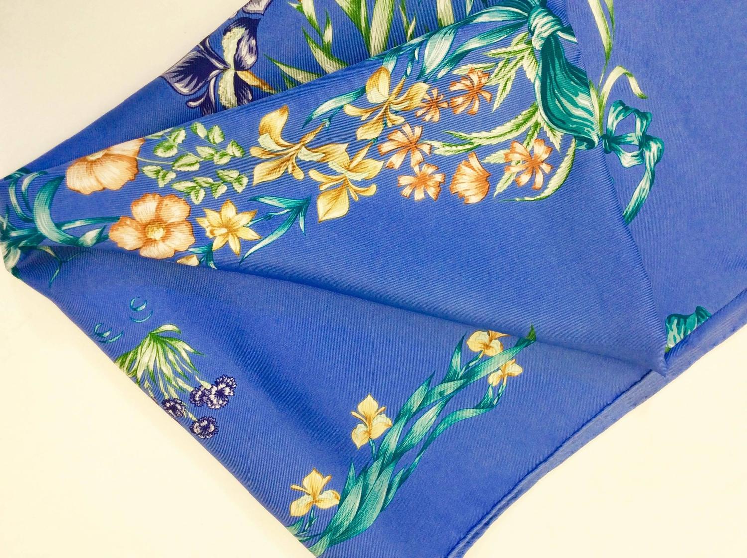 Hermes Light Blue Silk Floral Scarf For Sale at 1stdibs
