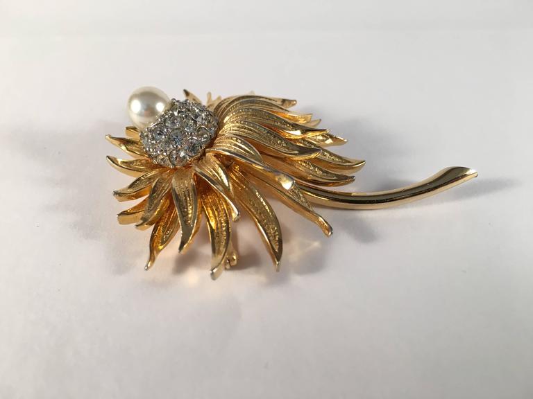 Boucher 1950s Brooch Goldtone, Rhinestone and Faux Pearl Flower at 1stDibs