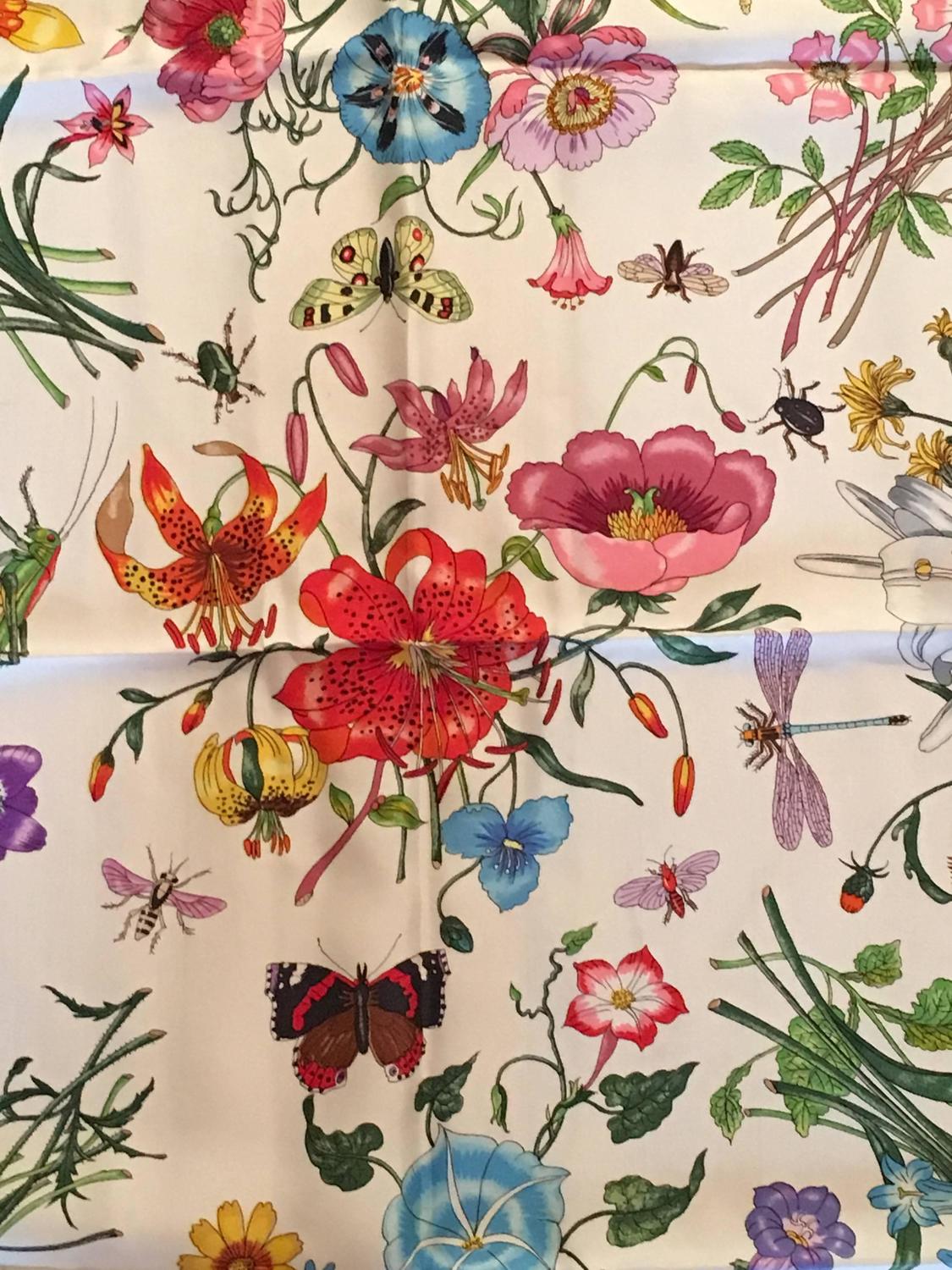 Vintage 1980s Gucci Flora Pattern Scarf with Red Border in Original Box ...