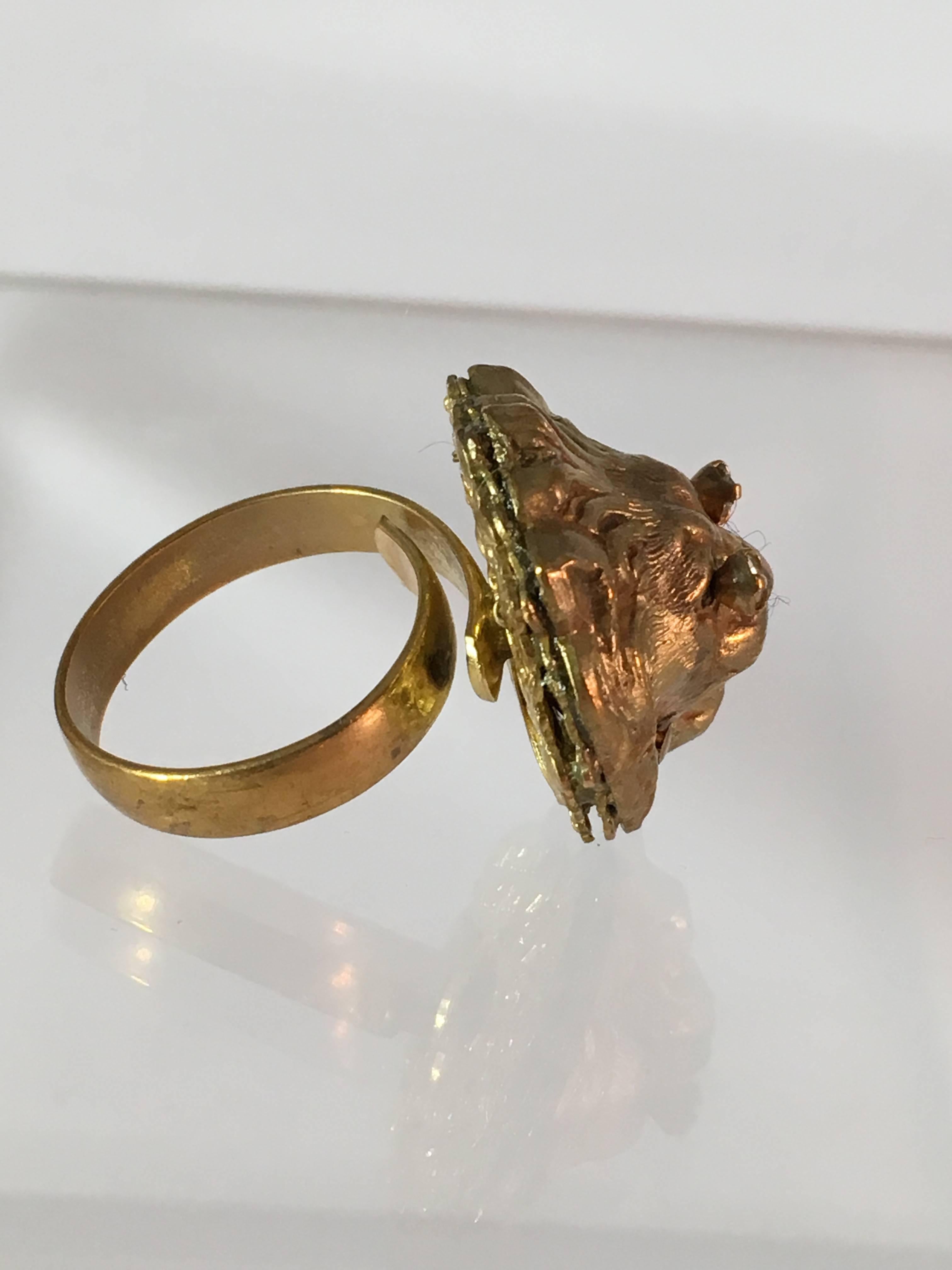 1950s Miriam Haskell Goldtone Lion Ring with Rhinestone Eyes at 1stDibs