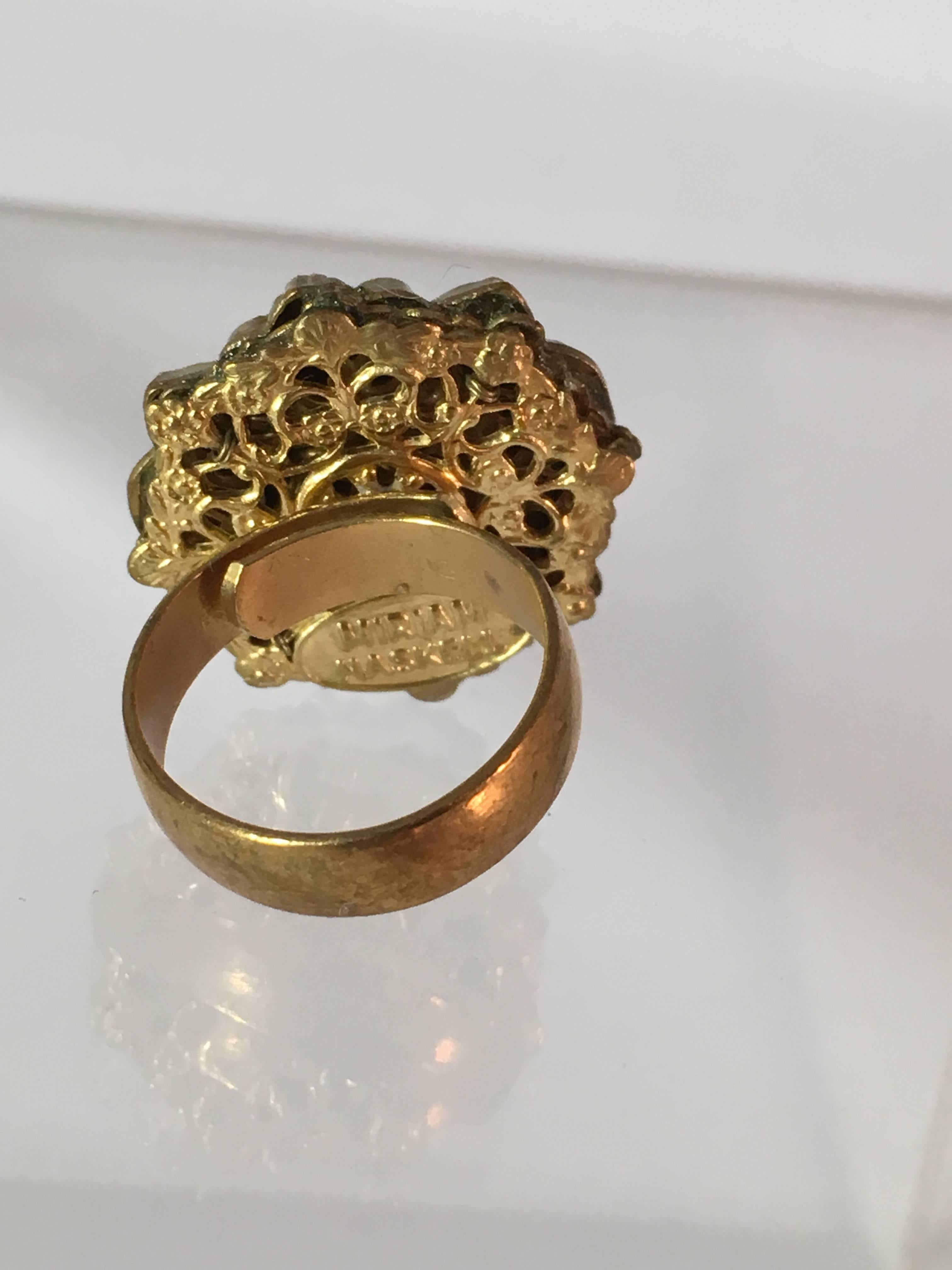 1950s Miriam Haskell Goldtone Lion Ring with Rhinestone Eyes at 1stDibs