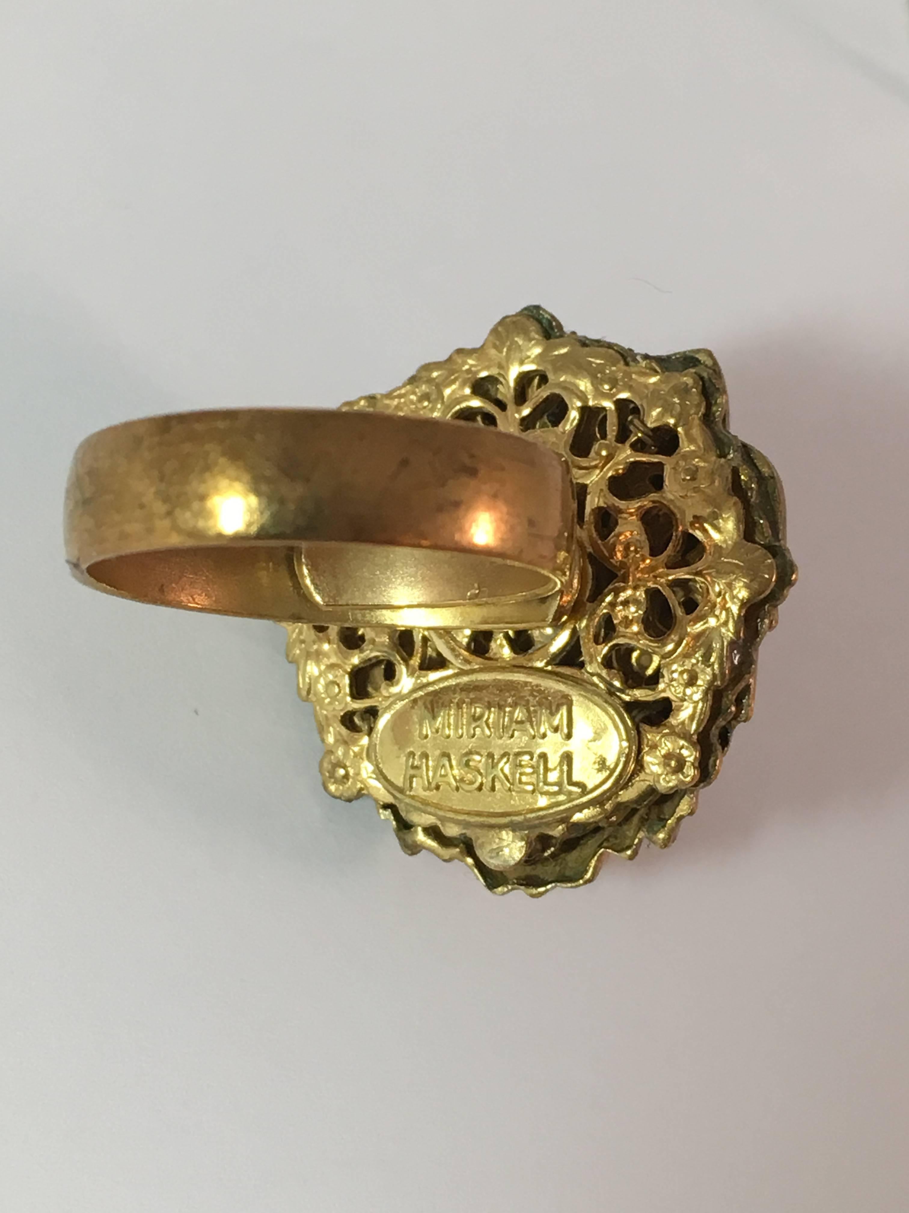 1950s Miriam Haskell Goldtone Lion Ring with Rhinestone Eyes at 1stDibs
