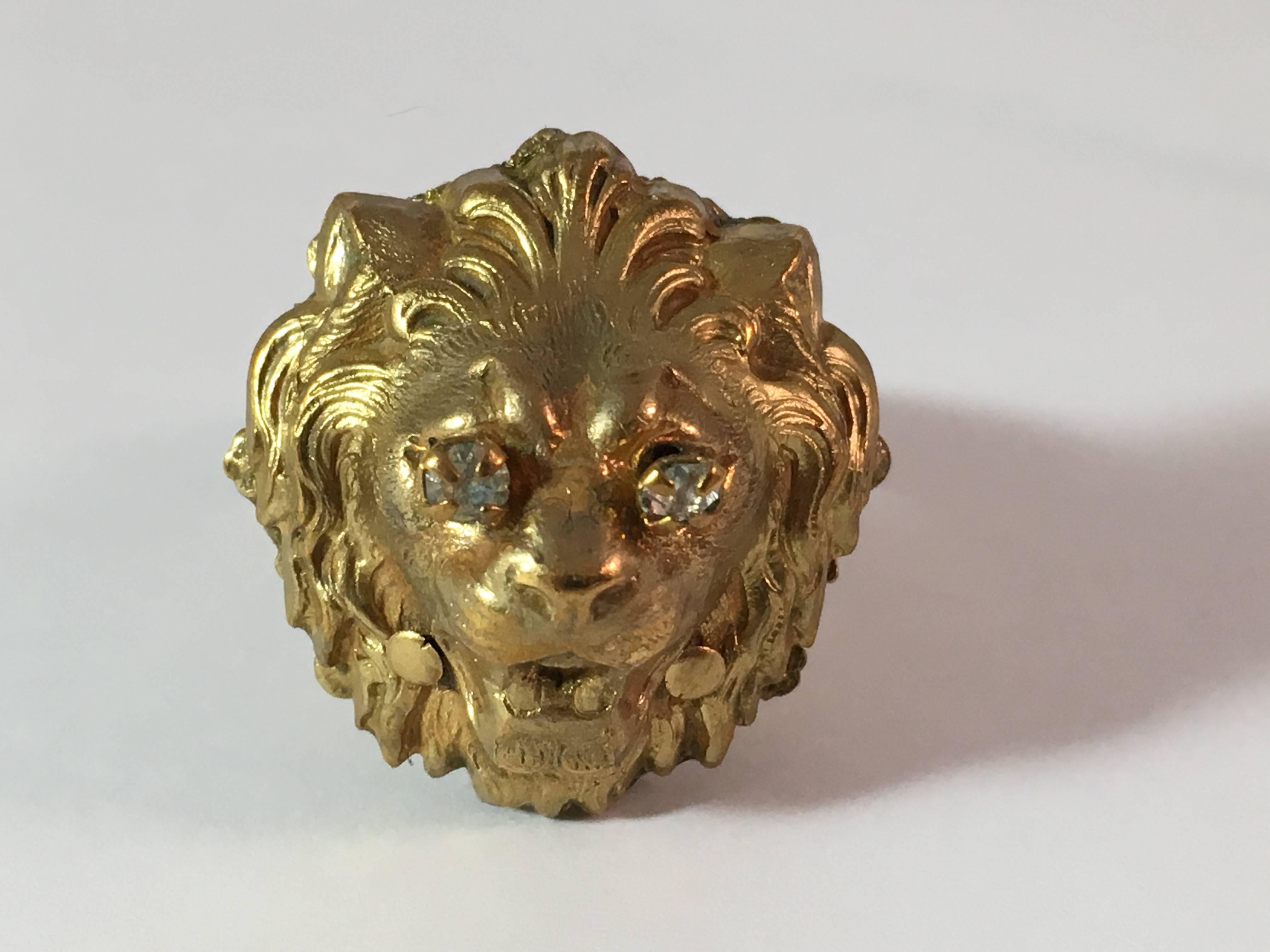 1950s Miriam Haskell Goldtone Lion Ring with Rhinestone Eyes at 1stDibs