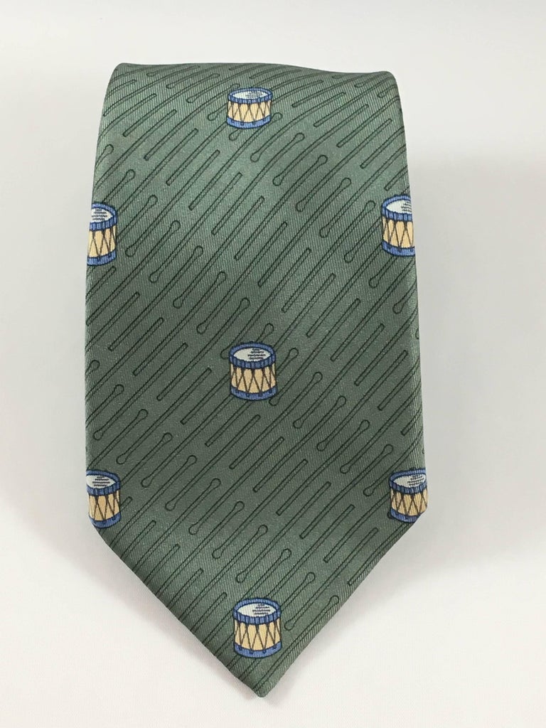 Hermes Green Tie with Drum and Drumstick Pattern in Original Box at 1stDibs