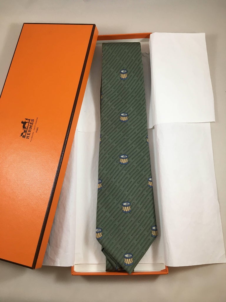 Hermes Green Tie with Drum and Drumstick Pattern in Original Box at 1stDibs