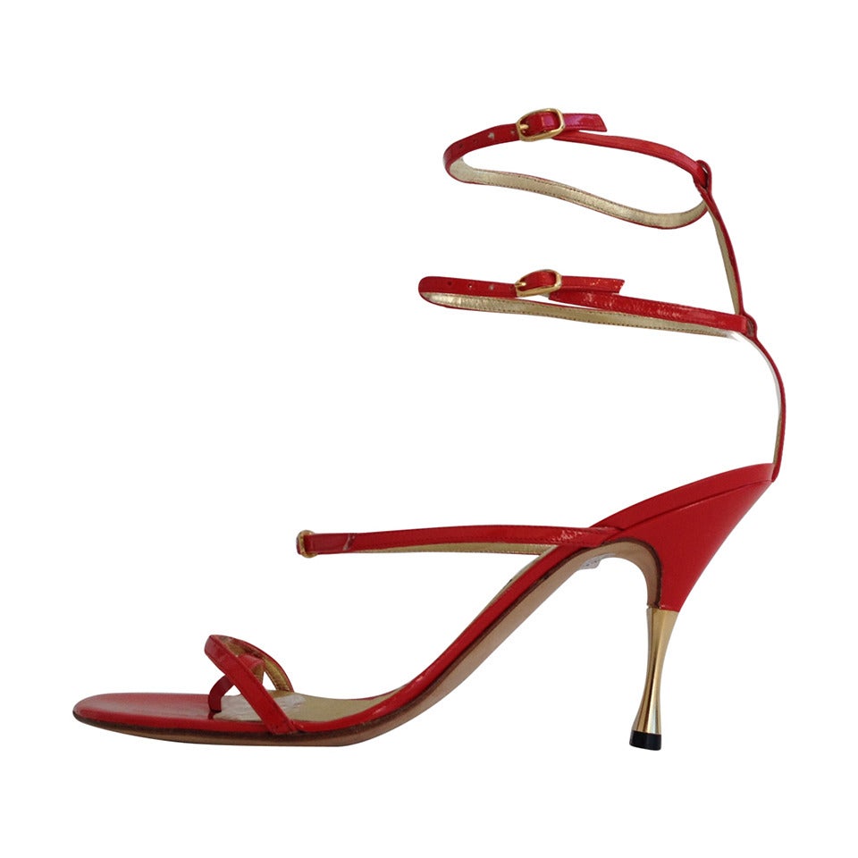 Manolo Blahnik Red Patent Leather Strappy Heels at 1stDibs