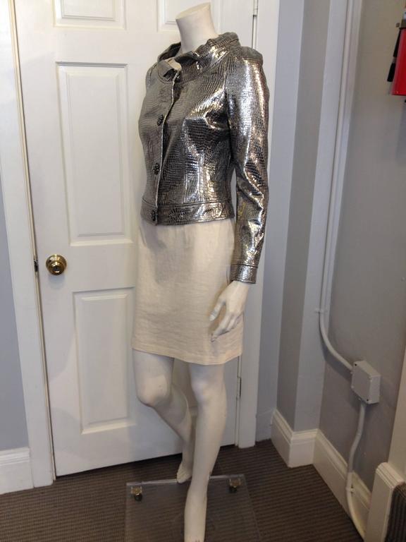 St. John Couture Silver Metallic Embossed Leather Jacket at 1stDibs
