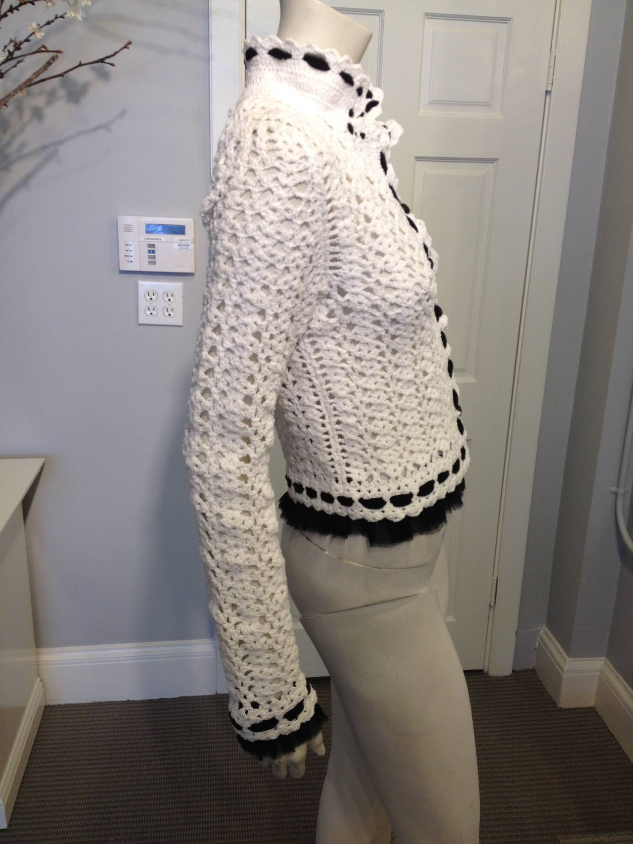 Chanel White Crochet Jacket with Black Chiffon Trim at 1stDibs