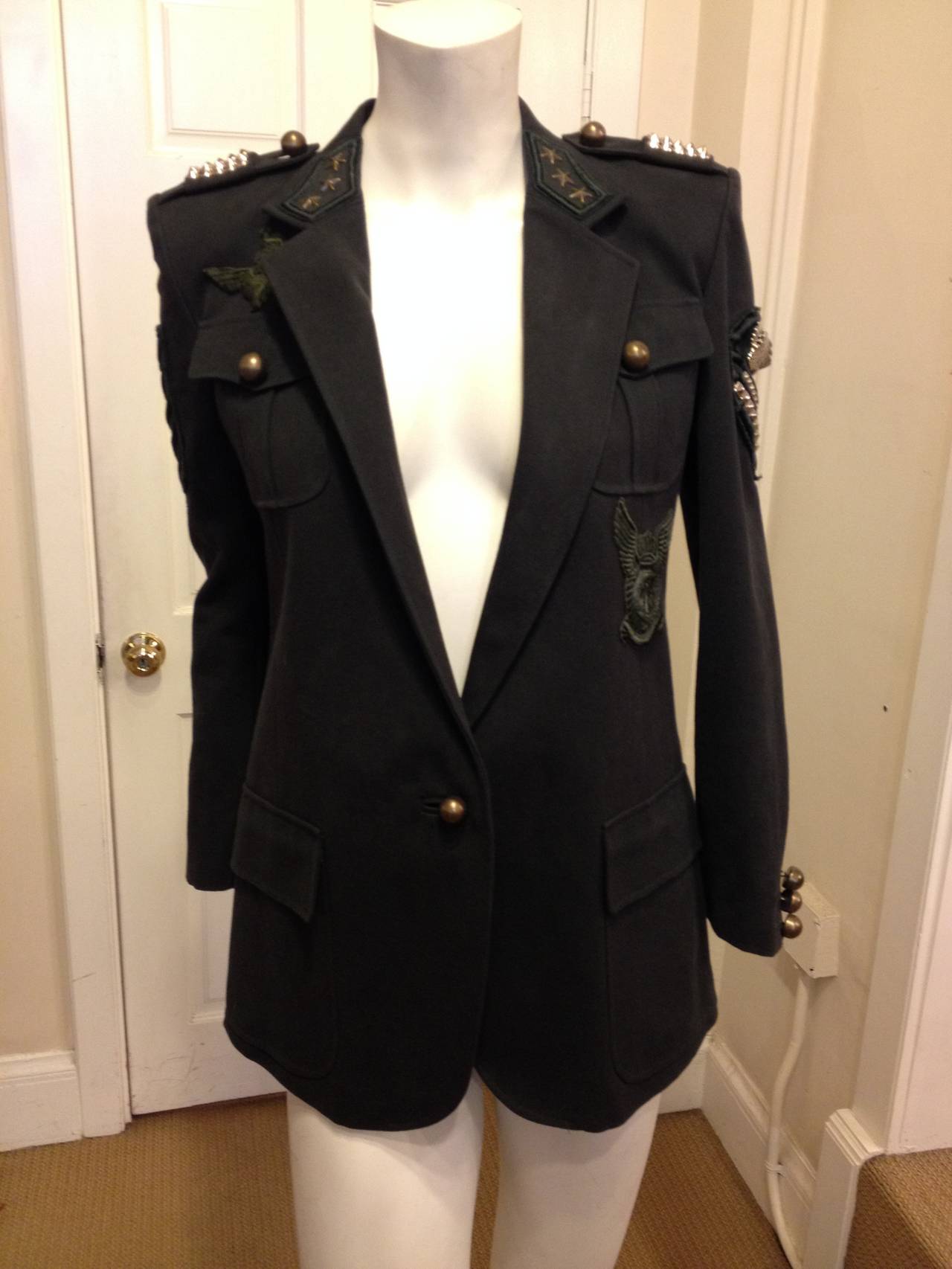 Balmain Charcoal Military Blazer with Forest Green Embroidery For Sale ...