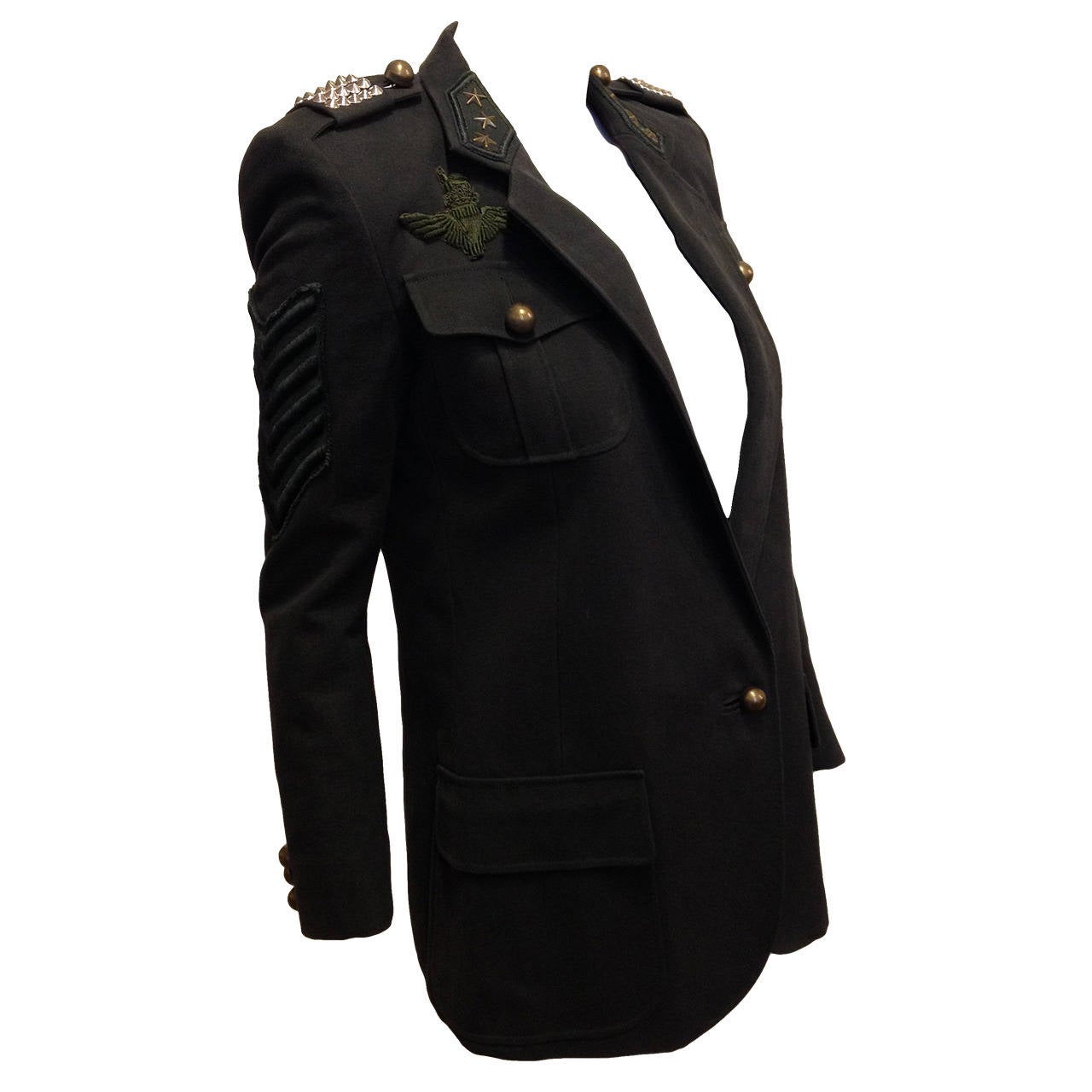Balmain Charcoal Military Blazer with Forest Green Embroidery For Sale ...