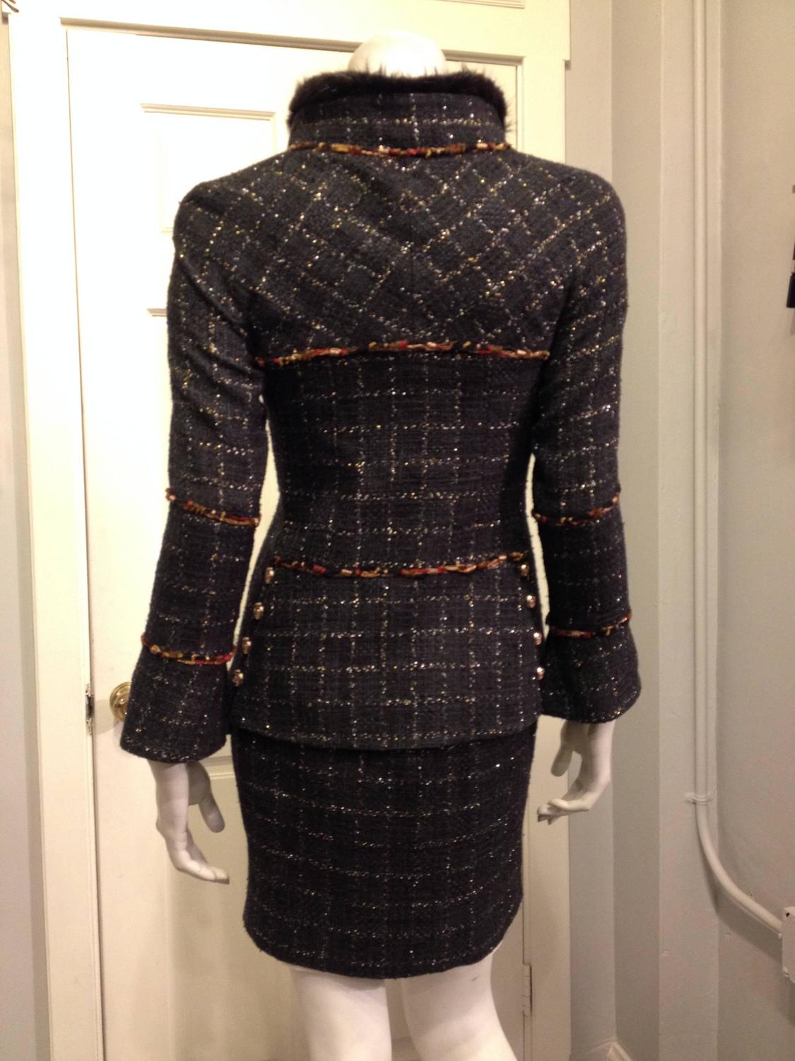 Chanel Navy Tweed Suit with Sparkly Windowpane Pattern at 1stdibs
