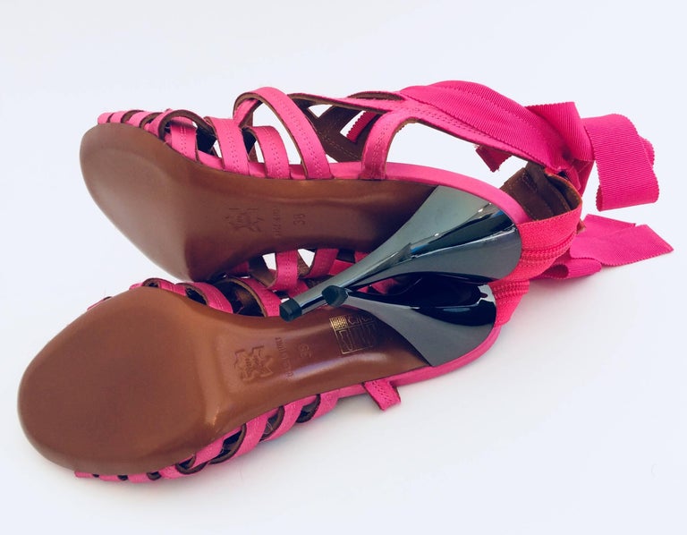 Lanvin Candy Pink Ribbon Sandals With Pewter Stiletto Heels Sz38 - Eté ...