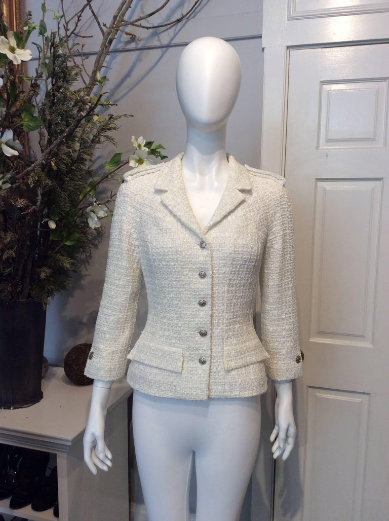 Chanel Cream and Silver Accented Tweed Jacket With Silver Buttons Sz38 ...