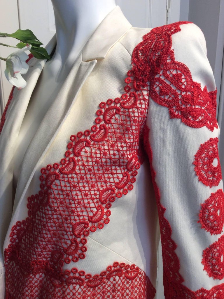 Givenchy Ivory Cotton Jacket with Deep Coral Lace Stitching Sz Fr34/Us2 ...