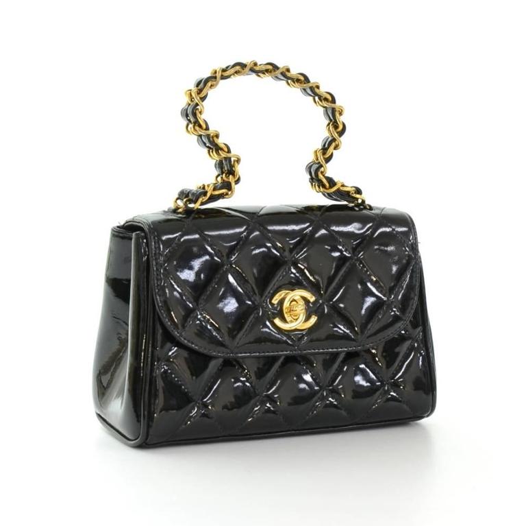 Chanel 7" Black Patent Quilted Leather MIni Party Bag at 1stDibs
