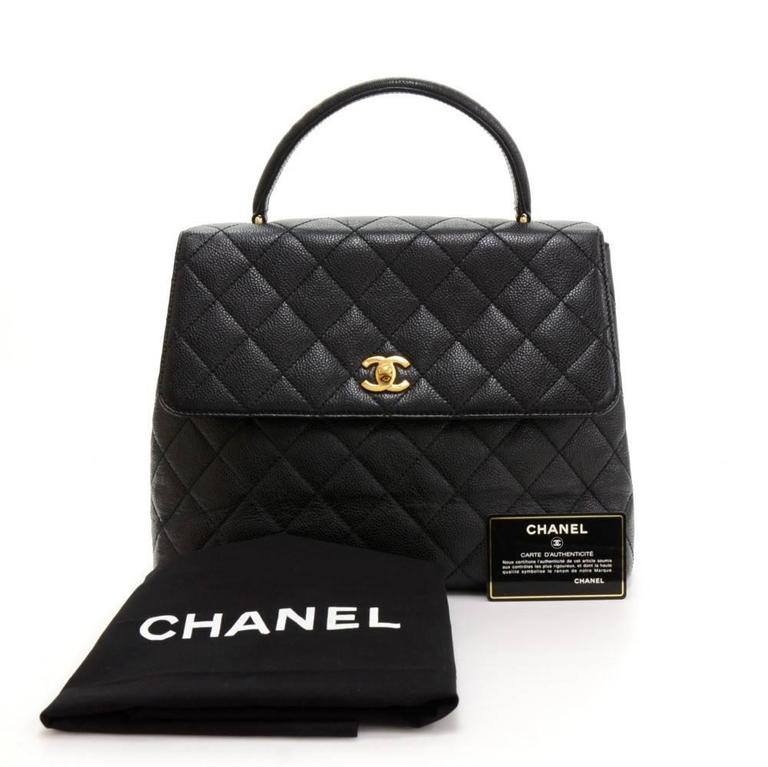 Chanel 12" Kelly Style Black Quilted Caviar Leather Flap Hand Bag at ...