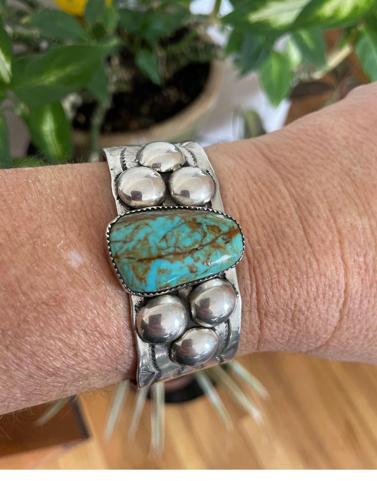 1950s Old Pawn Sterling Silver Turqouise Cuff Bracelet For Sale at 1stDibs