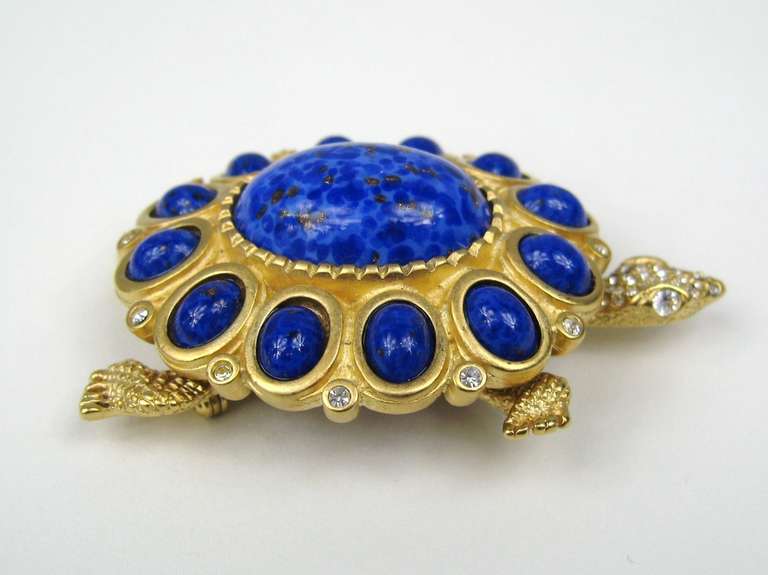 Kenneth Jay Lane Gold Gilt Lapis Blue Cabochon Turtle Brooch at 1stDibs