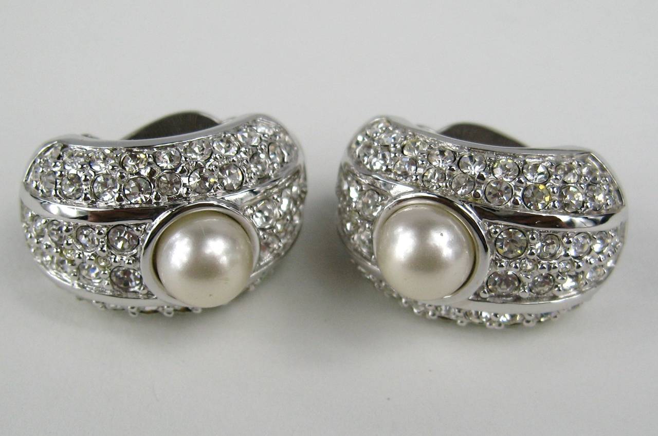 Swarovski Bezel Crystal And Pearl Clip On Earrings New Old Stock For