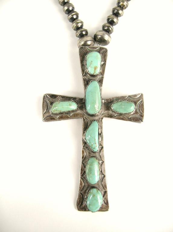 Spectacular OLD Pawn 4" Sterling Silver Navajo Turquoise Cross w Beaded ...