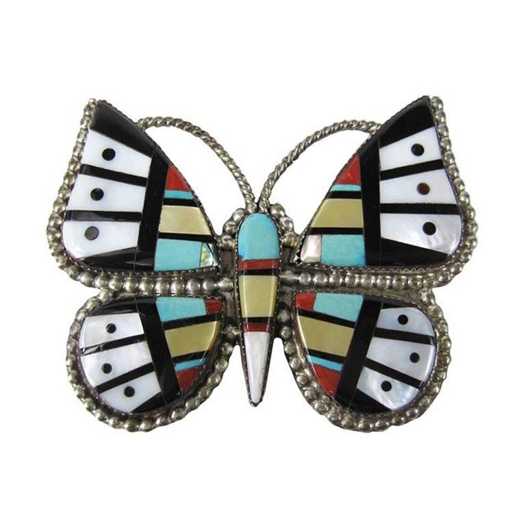 Sterling Butterfly Brooch Pin Pendant Coral Turquoise Onyx Zuni Oliver ...