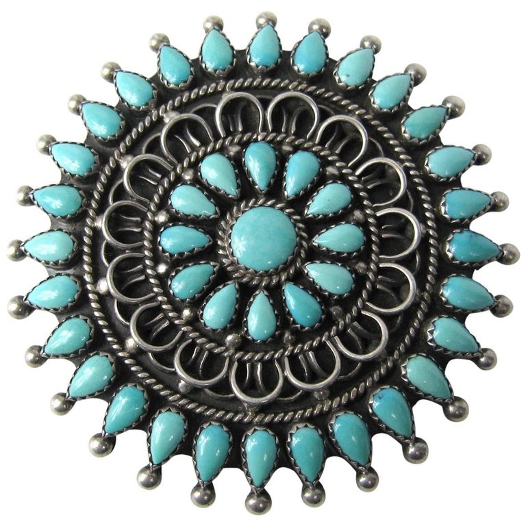 Large Petit Petite Point Zuni Sterling Silver Turquoise Brooch at 1stDibs