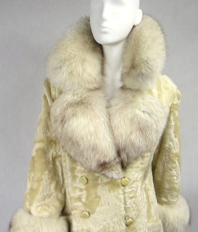 Cream colored Vintage Broadtail Lamb and Fox Coat 1970s at 1stDibs