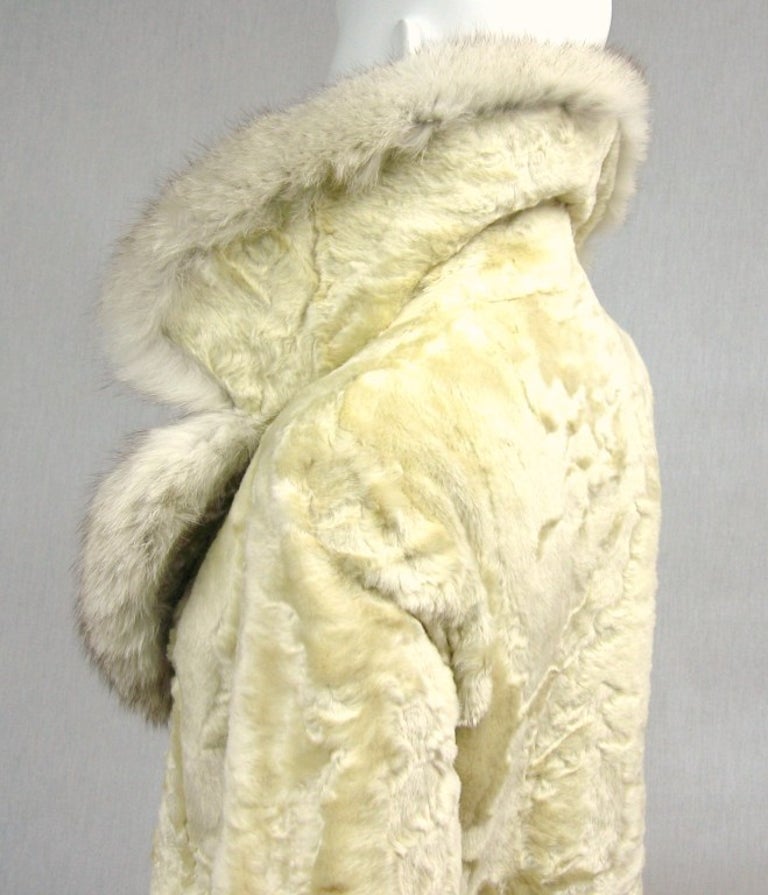 Cream colored Vintage Broadtail Lamb and Fox Coat 1970s at 1stDibs