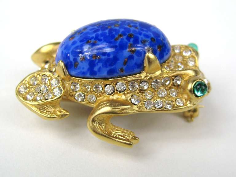 Kenneth Jay Lane FROG Brooch Gold Gilt Lapis Blue Cabochon For Sale at ...