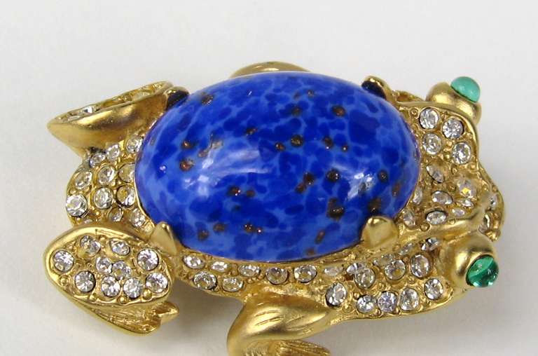 Kenneth Jay Lane FROG Brooch Gold Gilt Lapis Blue Cabochon For Sale at ...