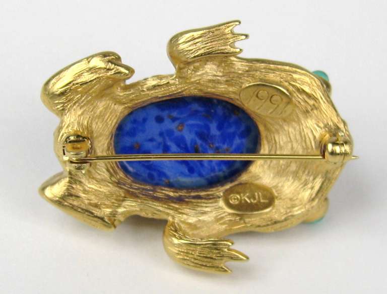 Kenneth Jay Lane FROG Brooch Gold Gilt Lapis Blue Cabochon For Sale at ...