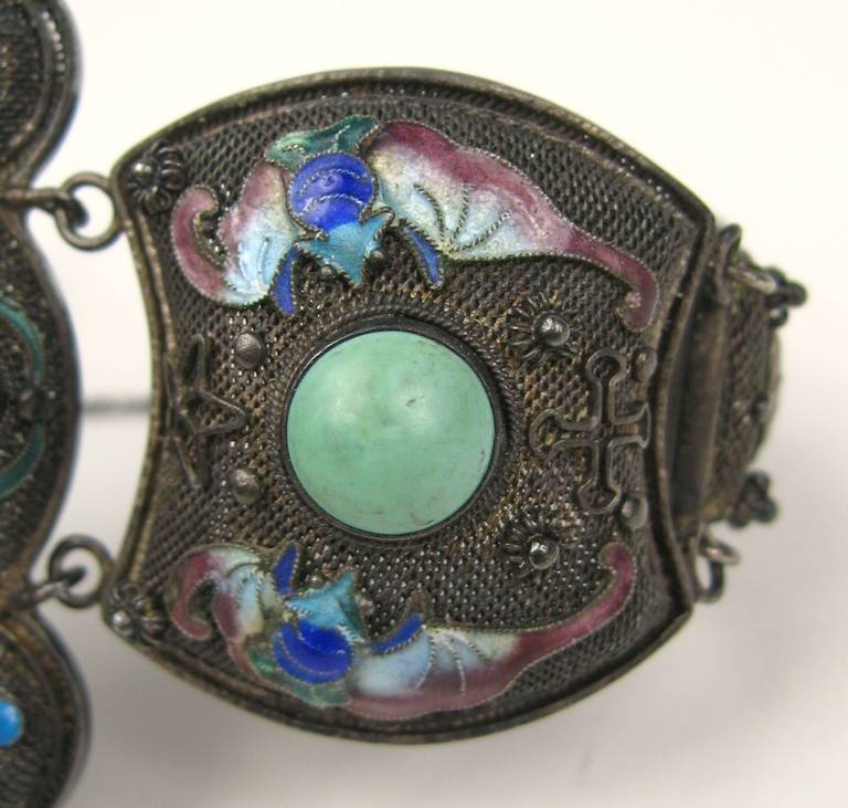 Chinese Enamel Turquoise Silver link Bracelet For Sale at 1stDibs